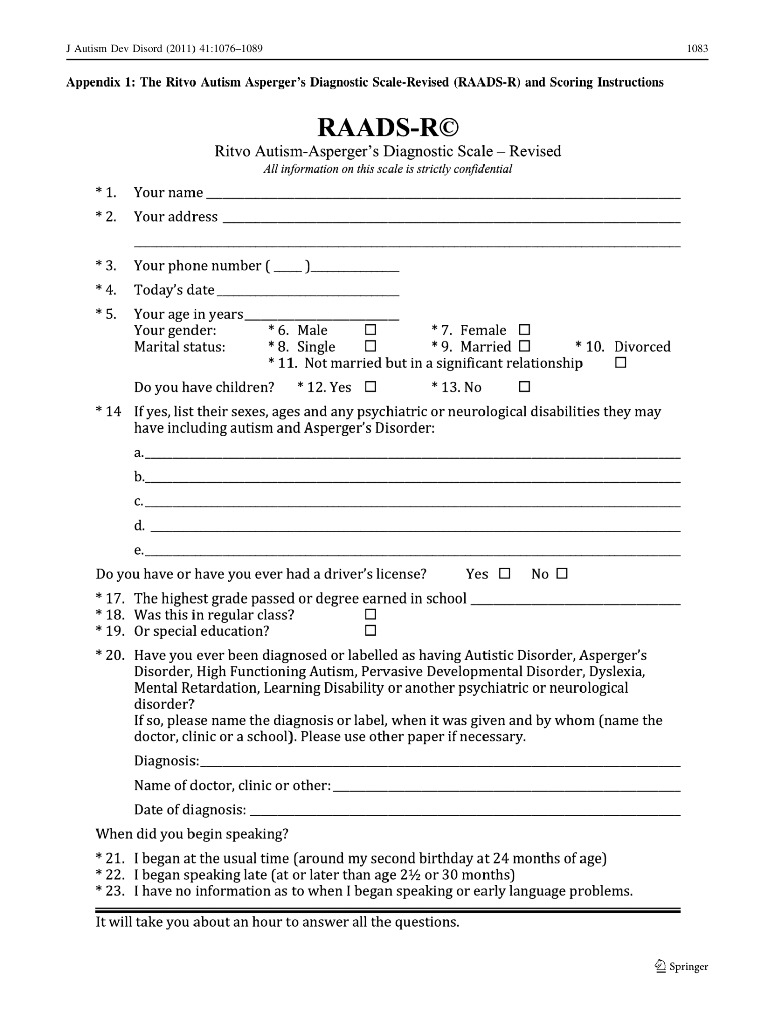 Ritvo Autism-Asperger's Diagnostic Scale - Revised - (RAADS-R ...