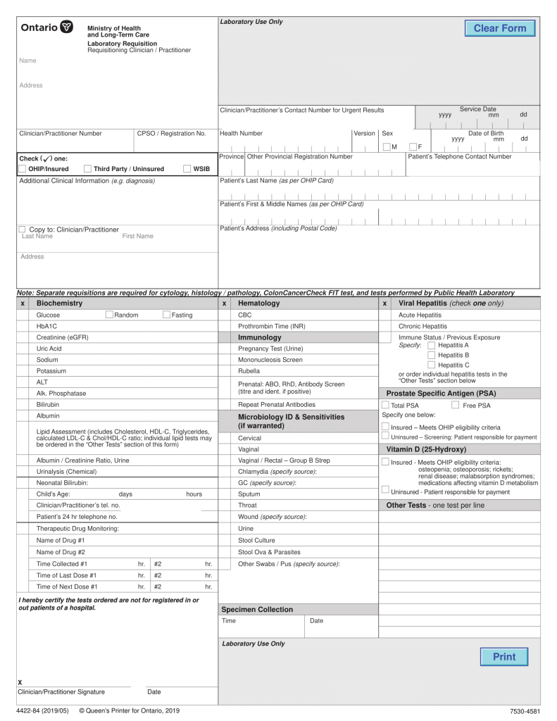 2019 Lab Requisition - Hamilton Family Health Team
