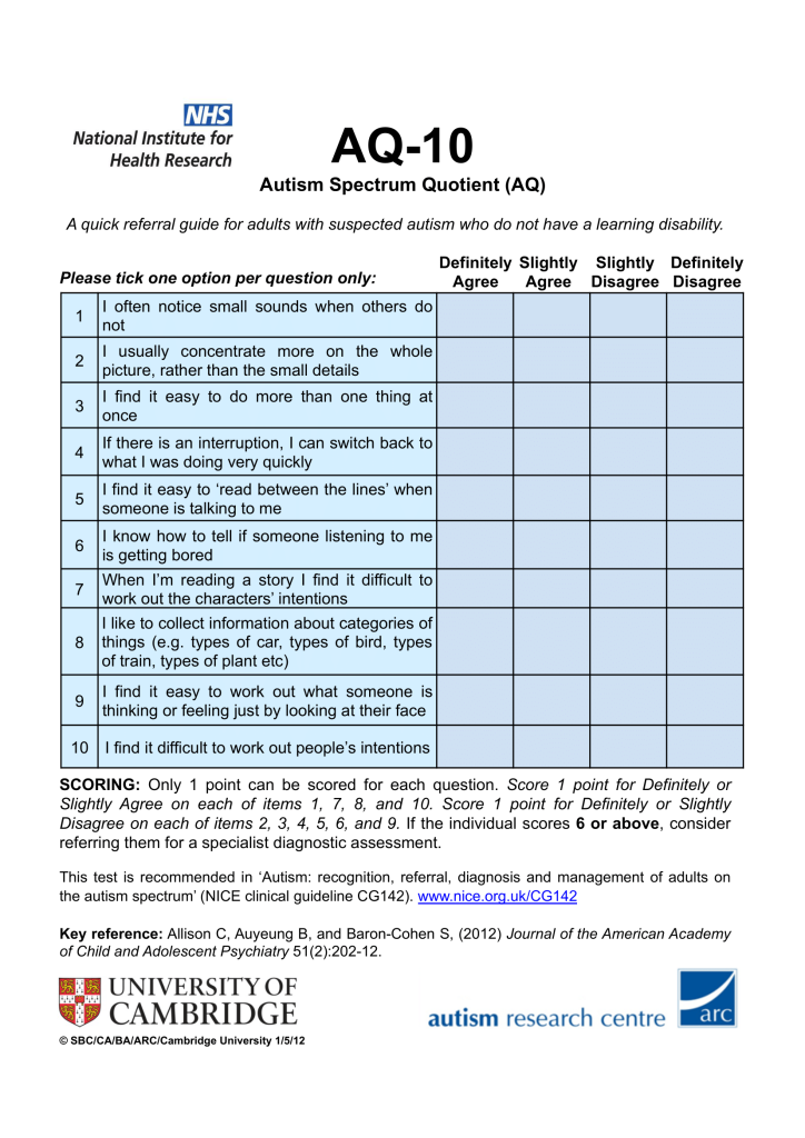 Autism Spectrum Quotient - AQ10 - Hamilton Family Health Team