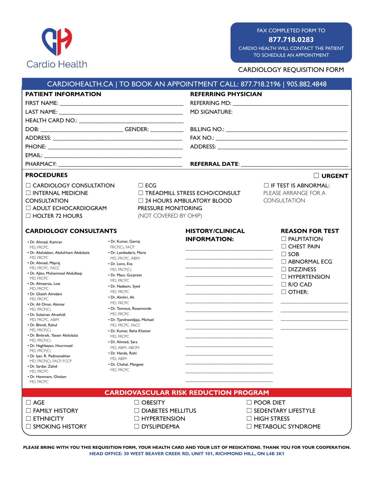 Cardio Health - Cardiology Requisition Form - Hamilton Family Health Team
