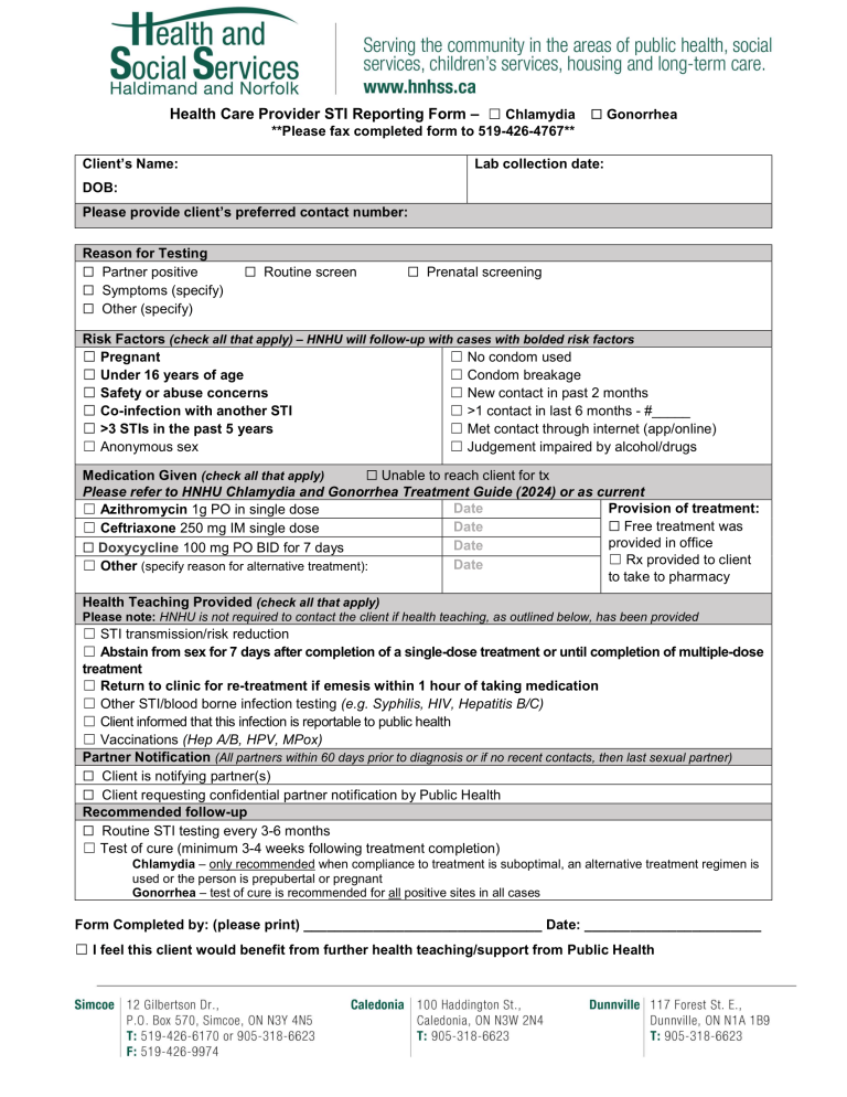 Health and Social Services - HNHSS - STI Reporting Form - Chlamydia ...