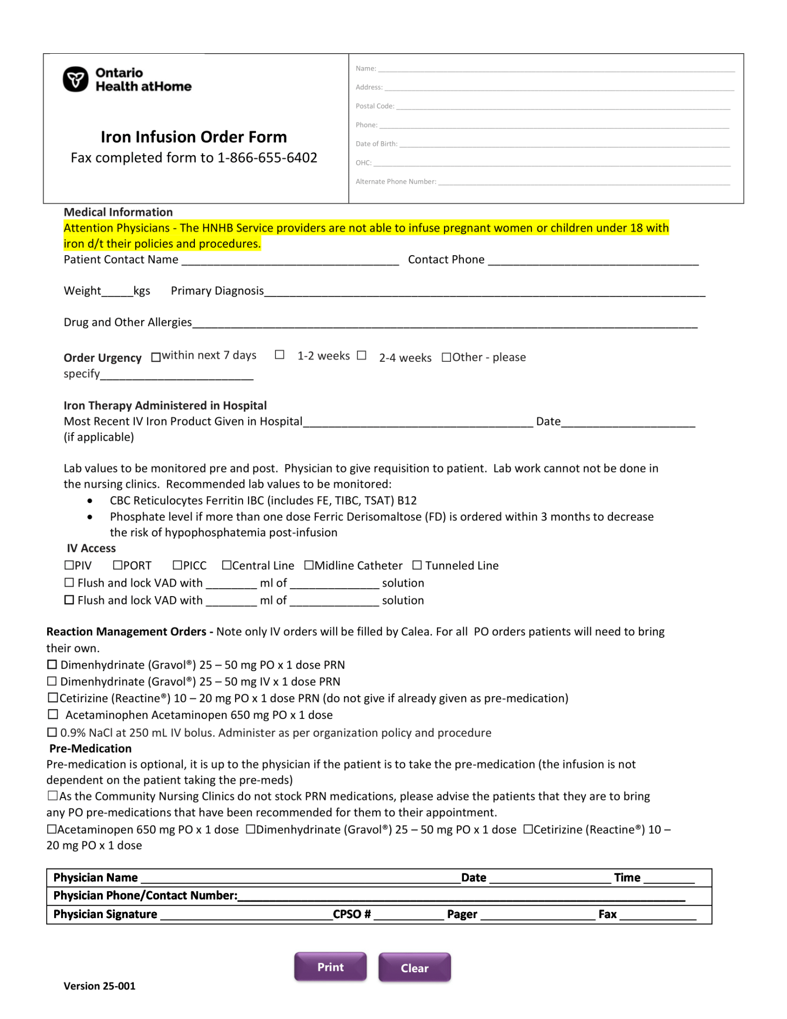 Ontario Health atHome - HNHB - Iron Infusion Order Form - Hamilton ...