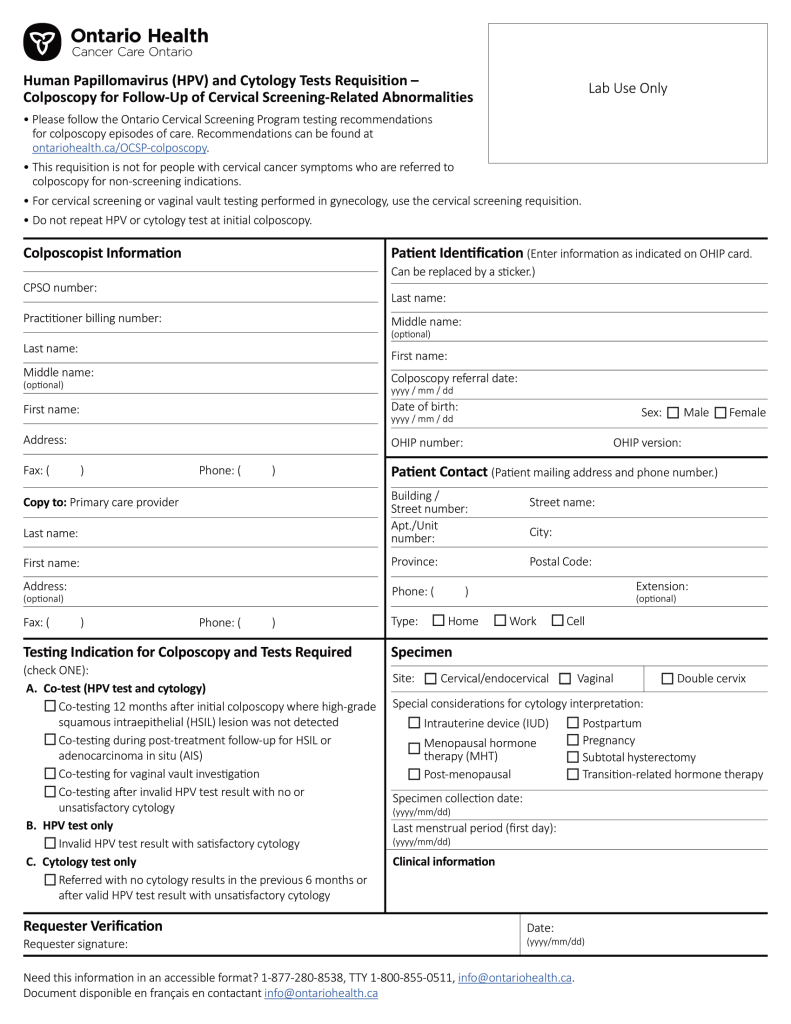 Ontario Health – HPV – Cytology Test – Colposcopy follow-up of Cervical ...