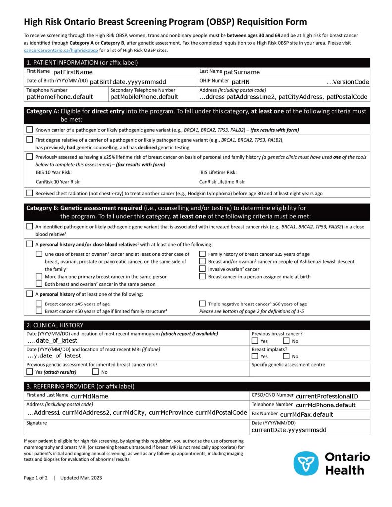 High Risk Ontario Breast Screening Program (OBSP) Requisition ...