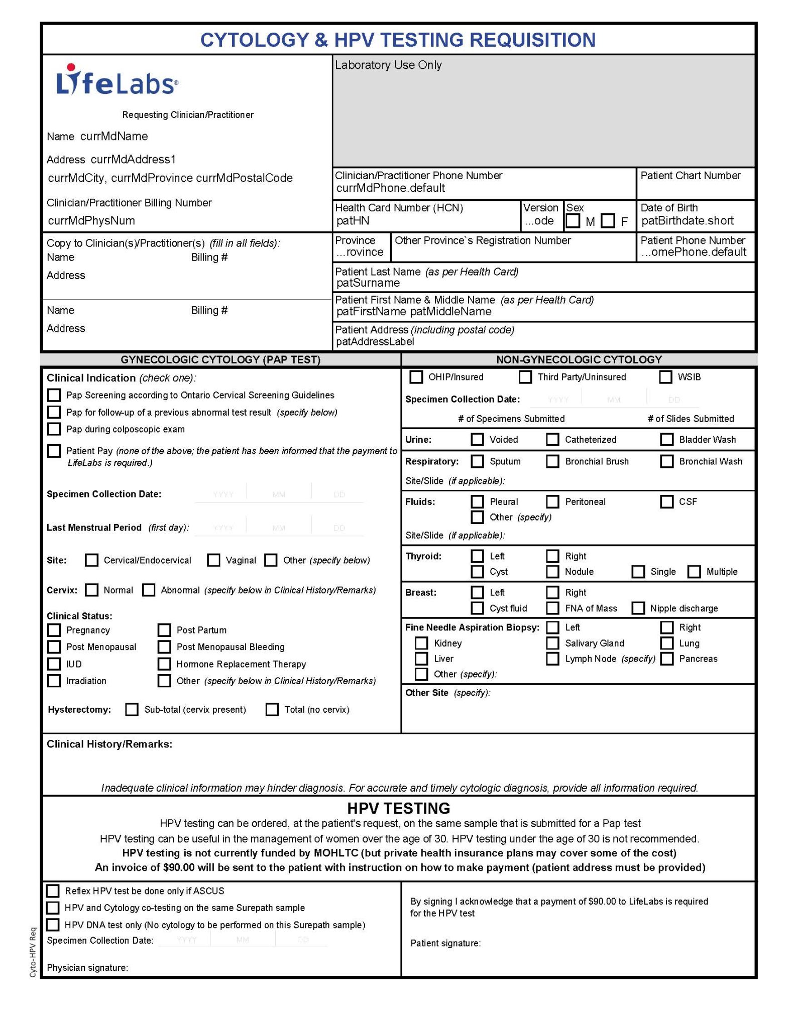 Cytology & HPV Testing Requisition - LifeLabs - Hamilton Family Health Team