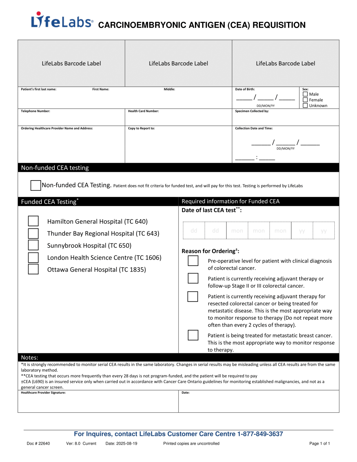 LifeLabs - Carcinoembryonic Antigen (CEA) Req - Hamilton Family Health Team