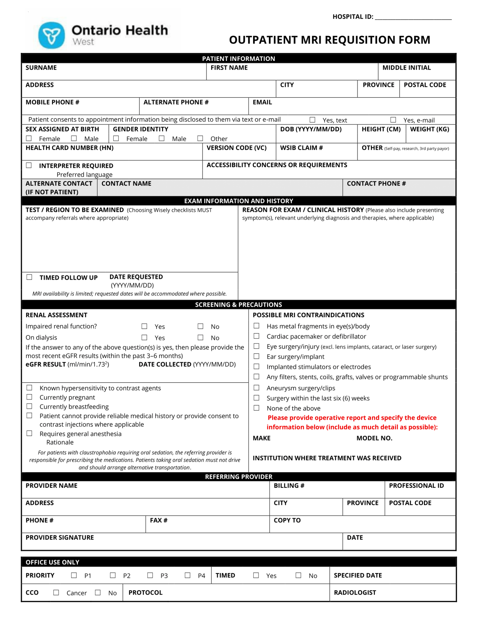 Ontario Health West - Outpatient MRI Requisition Form - Hamilton Family ...