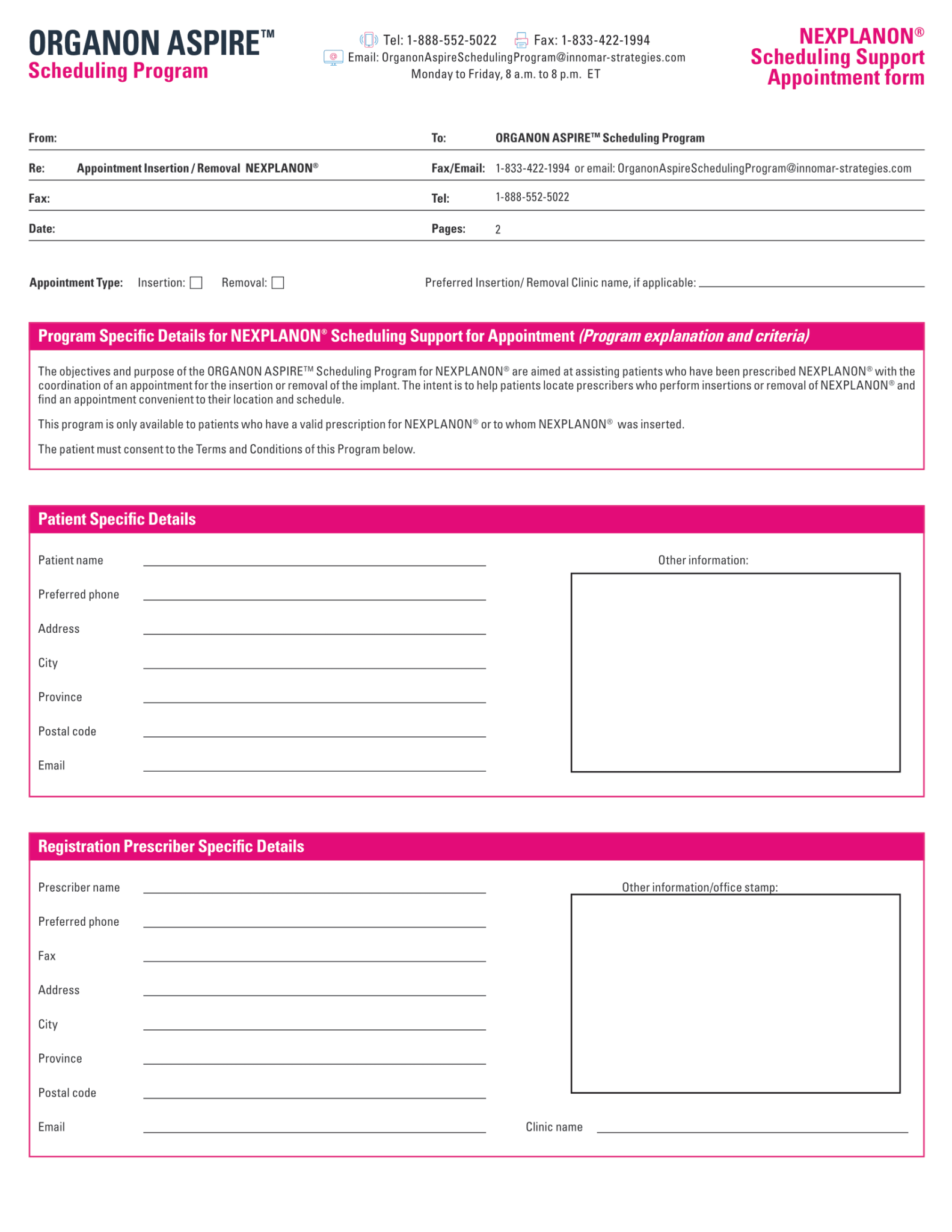 Organon Aspire - NEXPLANON - Scheduling Support Appointment Form ...