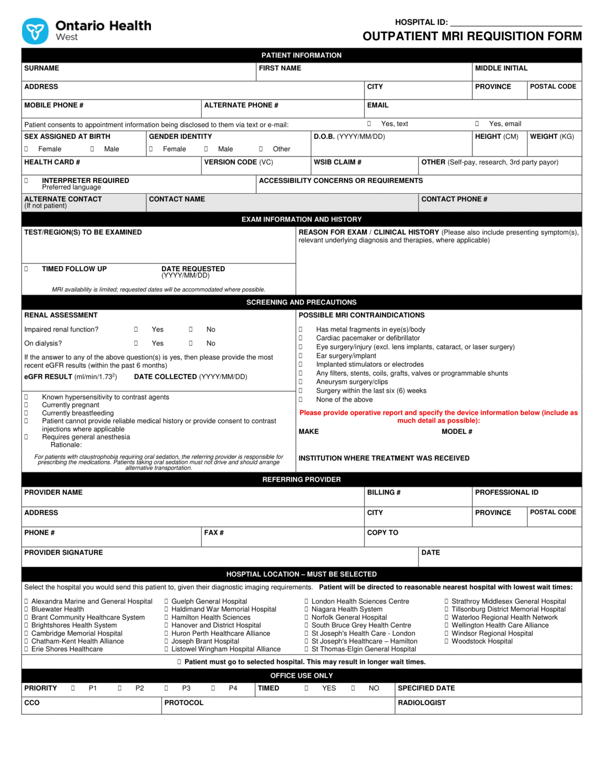 Ontario Health West - Outpatient MRI Requisition Form - OSCAR ...