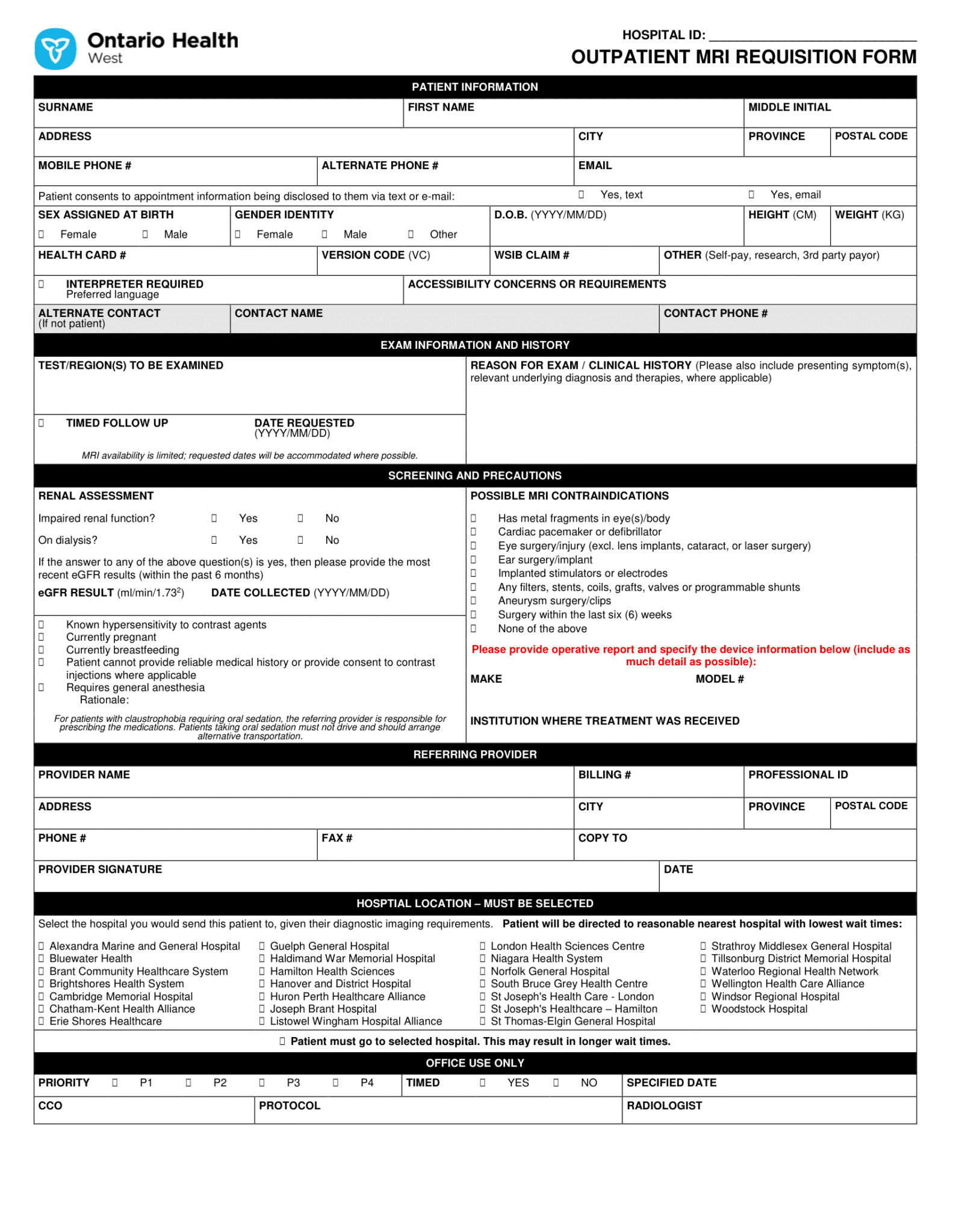 Ontario Health West - Outpatient MRI Requisition Form - OSCAR ...