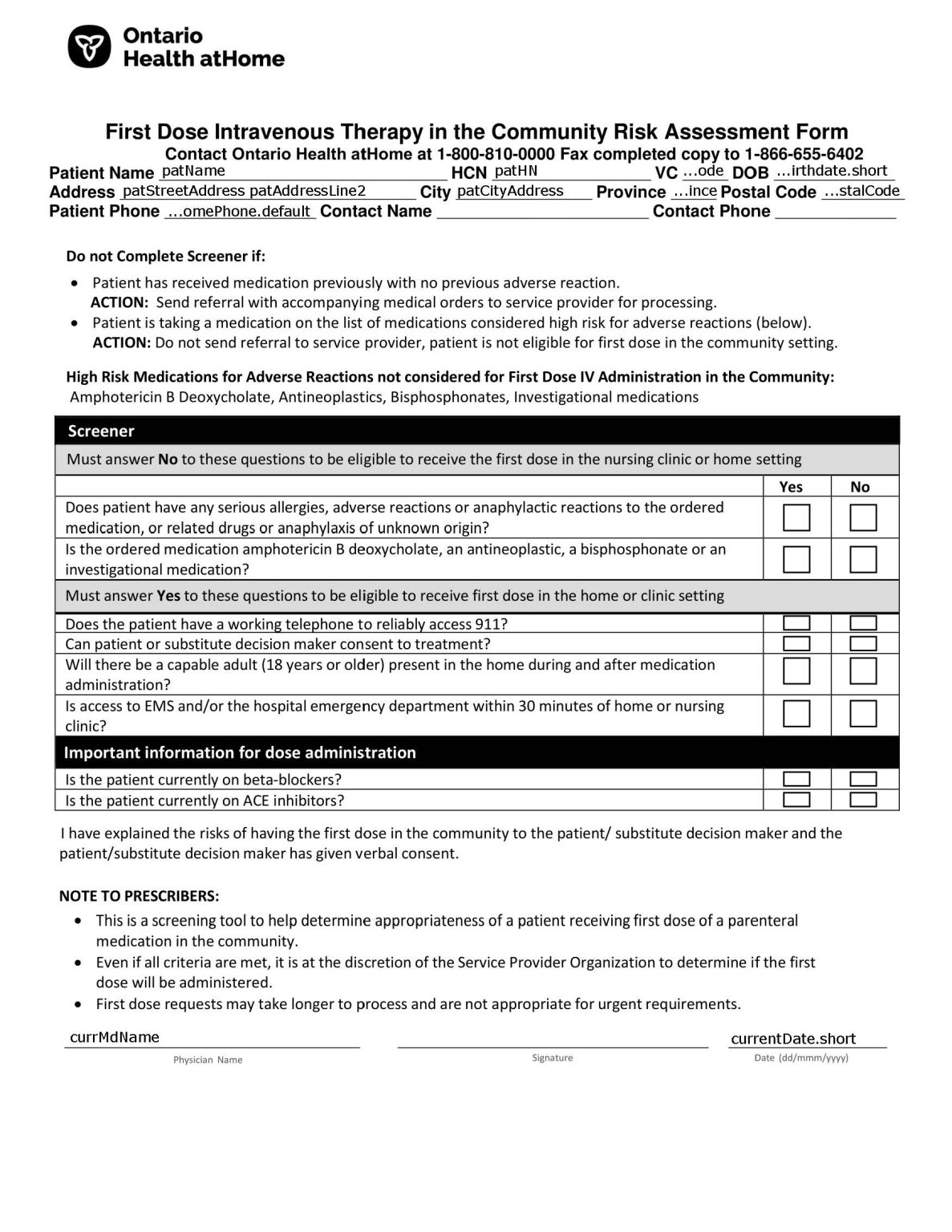 Ontario Health atHome - HNHB First Dose IV Risk Assesment - Hamilton ...