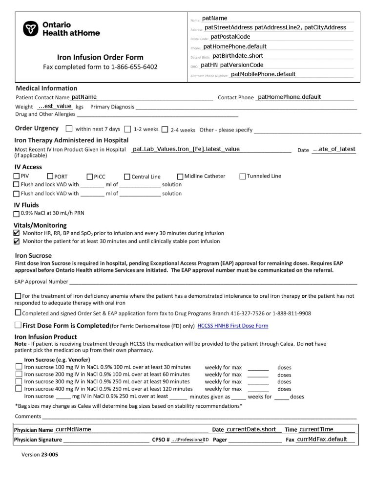 Ontario Health atHome - HNHB Iron Infusion Order Form - Hamilton Family ...