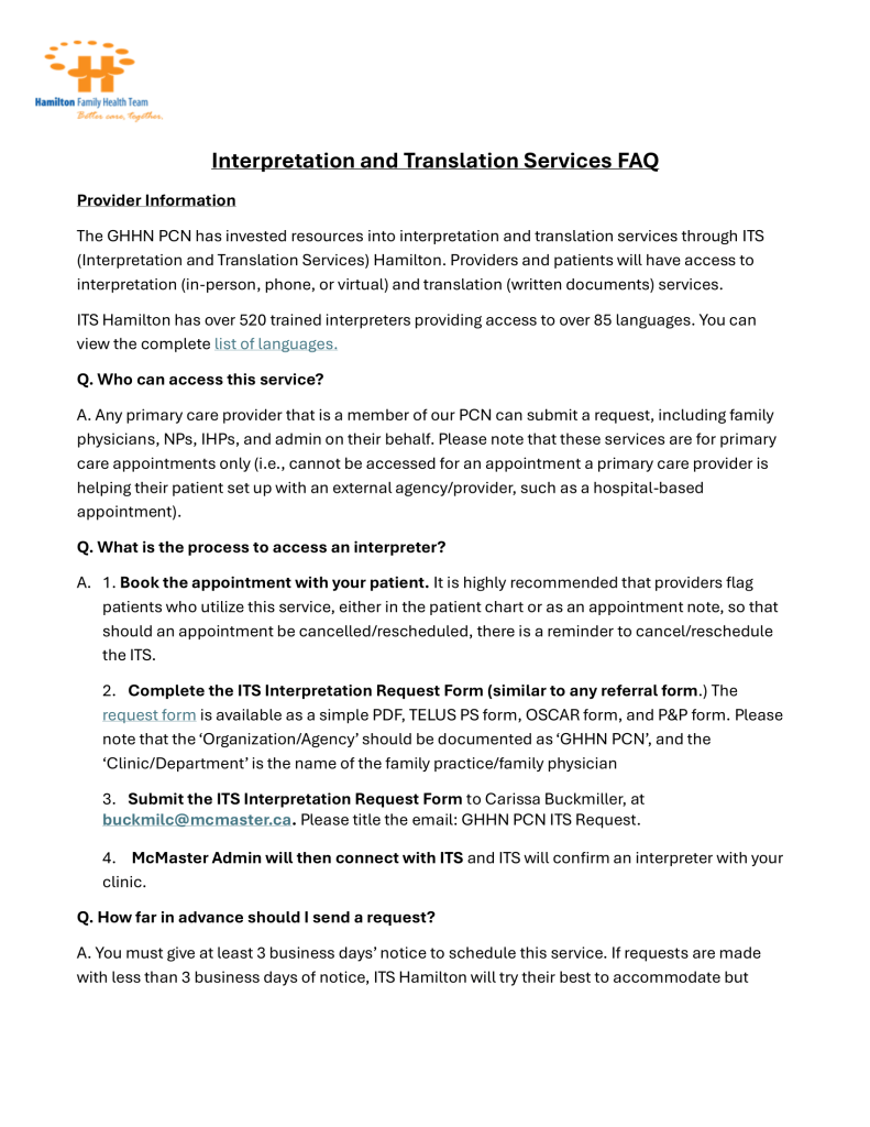 ITS Hamilton - Interpretation Request FAQs - Hamilton Family Health Team