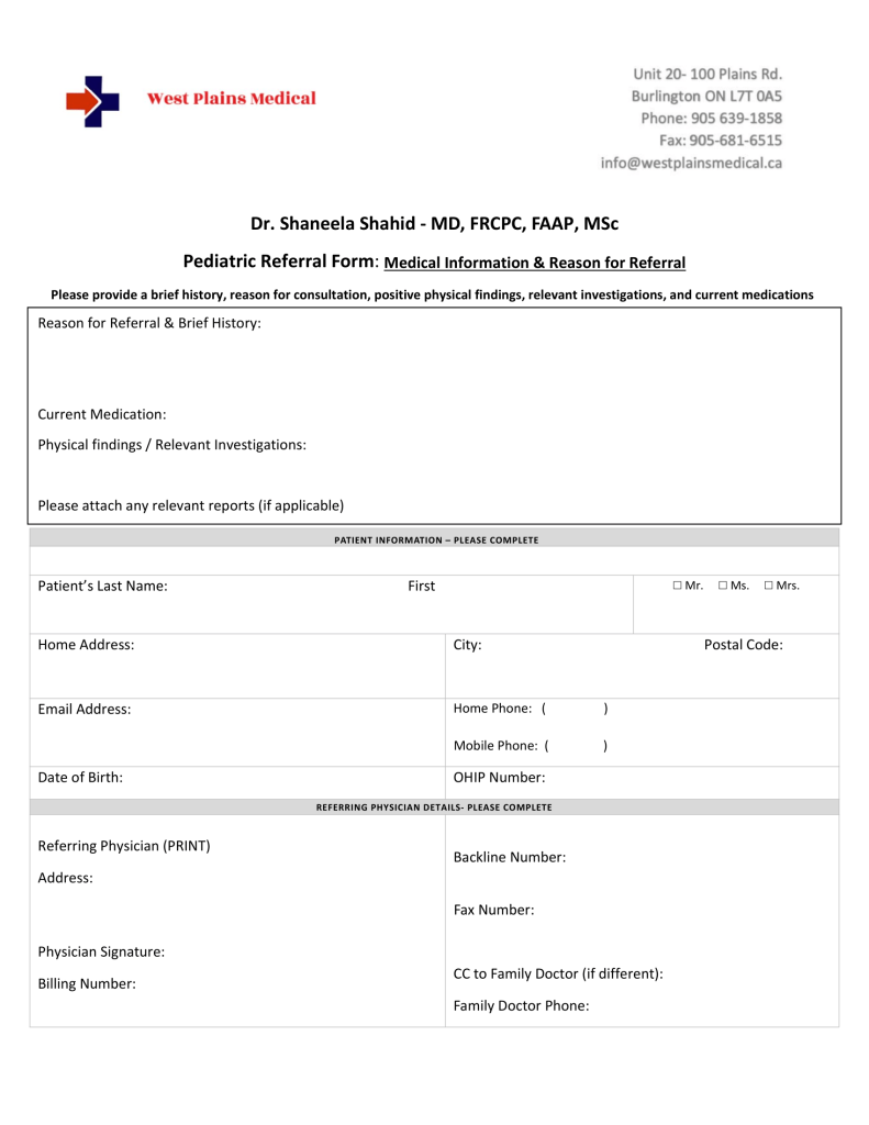West Plains Medical - Pediatric Form - Hamilton Family Health Team