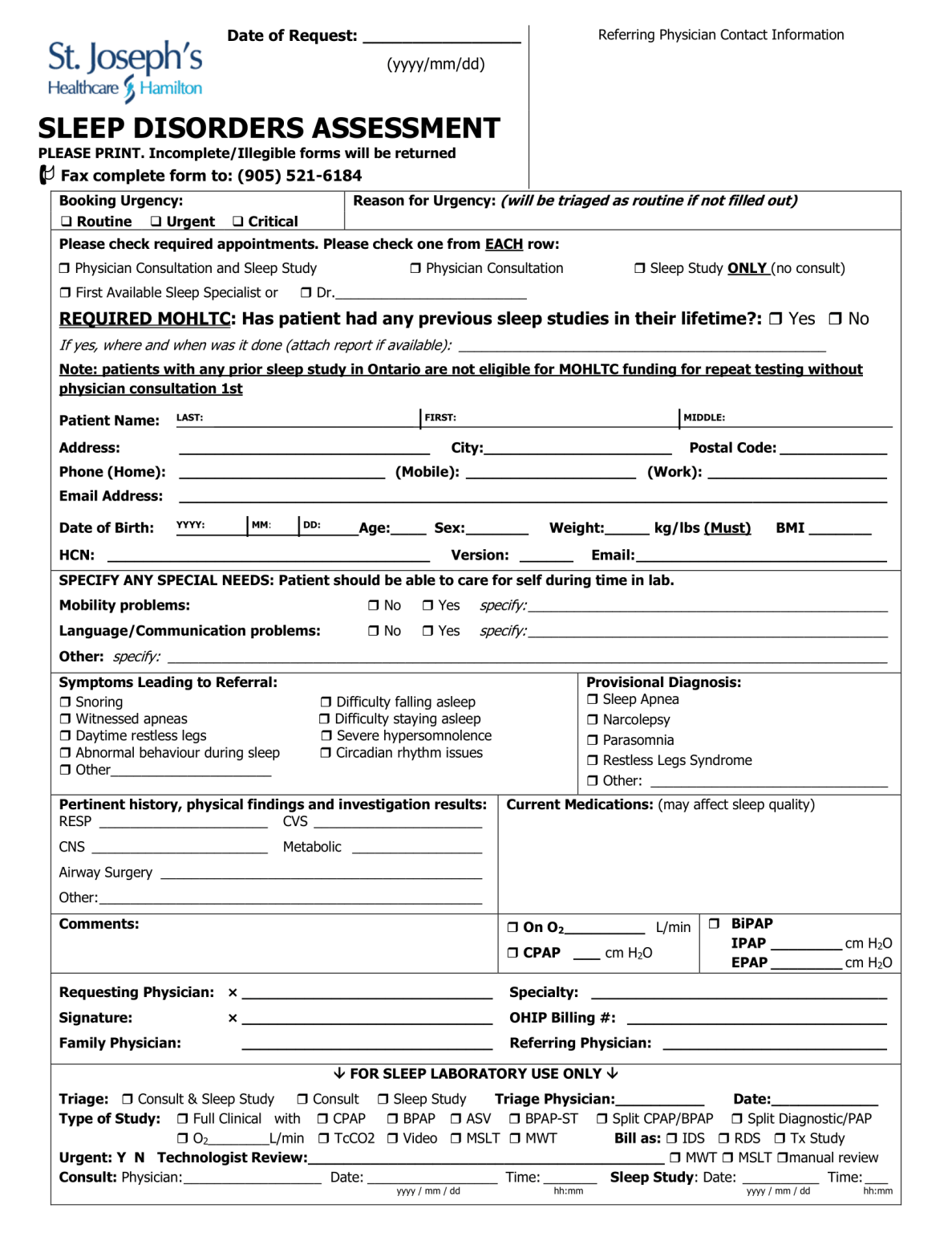 St. Joseph's Healthcare Hamilton - Sleep Disorders Assessment ...